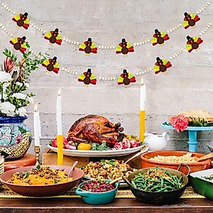 Thanksgiving Party Decorations - NO DIY - Thanksgiving Felt Turkey Wood Beads Garland Banner for Thanksgiving Indoor Outdoor, Rustic Farmhouse Thanksgiving Banner for Fireplace Mantle Wall Party