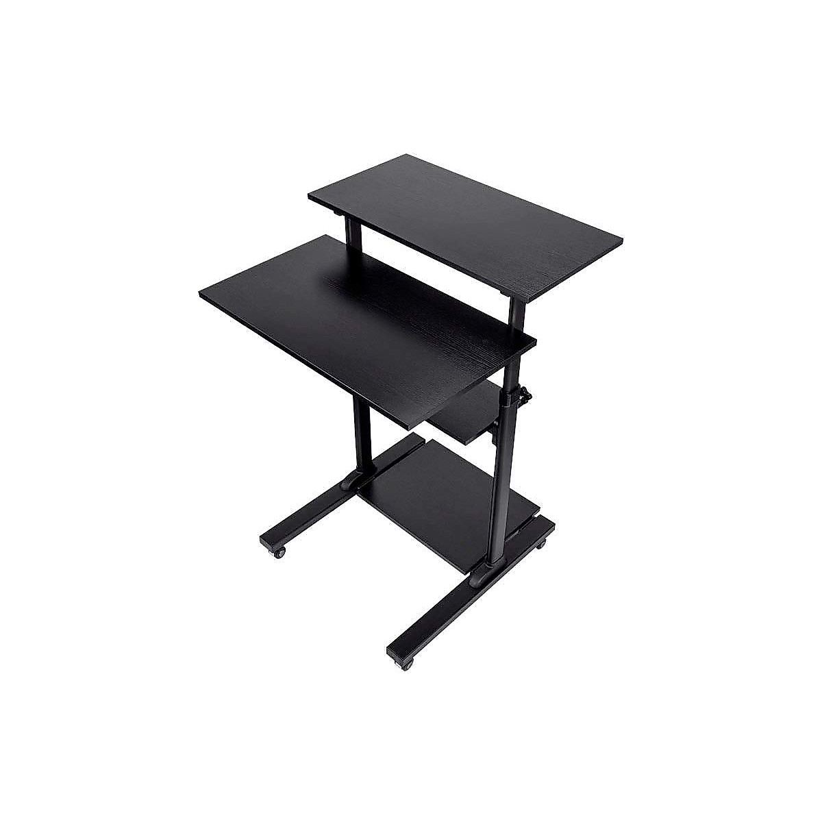 Monoprice Height Adjustable PC Workstation Cart - for Seated or Standing Position, with 28 Inch Table Top,Two Additional Accessory Shelves, Ideal for Work and Home, Black, Keyboard+ Monitor