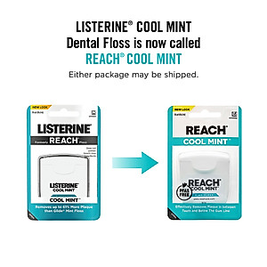 REACH Listerine Cool Mint Dental Floss 55yd, Plaque Remover, Shred Resistant, Waxed, Easy on Gums & Teeth, Fresh Mint, PFAS-Free, Fresh Breath, for Adults & Kids, 1 Pack