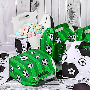 Outus 16 Pack Soccer Treat Boxes Soccer Candy Bags Soccer Party Favor Bags Goodie Boxes Paper Gift Boxes with Handle Birthday Party Favor Boxes Cookie Boxes, 6 x 6 x 3.5 Inch