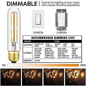 Leools T10 Led Bulb,Dimmable Tubular Vintage LED Edison Bulbs 6W,Equivalent 60 Watt,600LM,Warm White 2700K,Clear Glass,E26 Base Bulb, for Cabinet Display Cabinet etc,3 Pack.