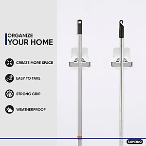 Superio Mop and Broom Holder, Set of 4 Single Piece Hooks, White Plastic Wall Mount Cleaning Storage Tool Organizer, Heavy-Duty Hook for Kitchen, Closet Garage, and Office