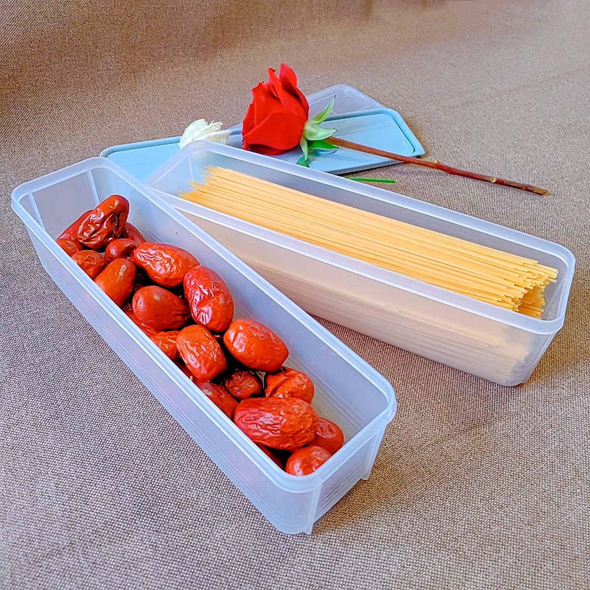 HYMAOME 2Pcs Spaghetti Container Pantry Storage Dispenser Clear Pasta Box Horizontal Food Storage Long Stackable Containers for Long Pasta, Noodles, Pantry Snacks