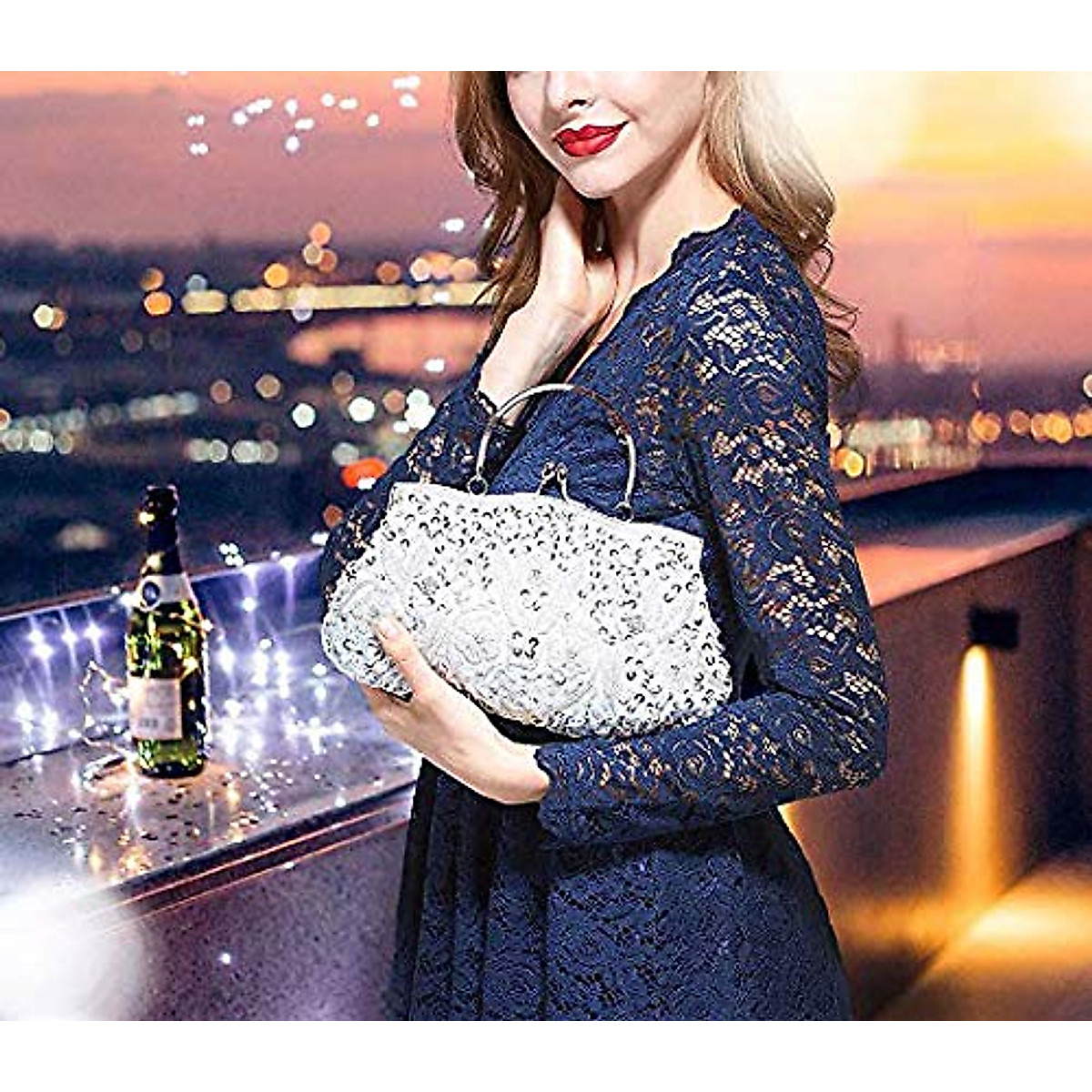 Tmore Beaded Sequin Design Flower Evening Purse Large Clutch Bag (Silver)