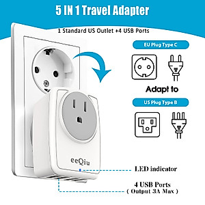 European Travel Plug Adapter, eeQiu International Travel Adapter with 4 USB Ports, American Outlets - 5 in 1 European Plug Adapter for US to Europe EU Country Like Germany, Spain, Italy, France.