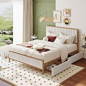 HBRR Queen Size Upholstered Bed with 4 Storage Drawers, Metal Platform Bed Frame with Button Tufted Headboard, Heavy Duty Mattress Foundation, No Box Spring Needed, Beige
