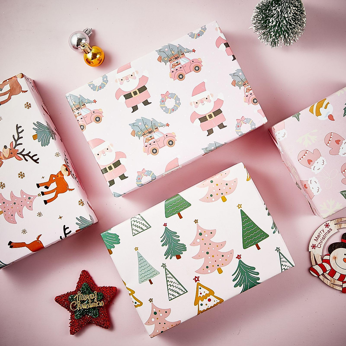 Vnaaem Pink Christmas Wrapping Paper for Boys Girls Kids - Cute Xmas Gift Wrap With Santa Christmas Tree Reindeer Design for Christmas Holiday Party Celebration - 20 X 28Inches Per Sheet(8 Pack)