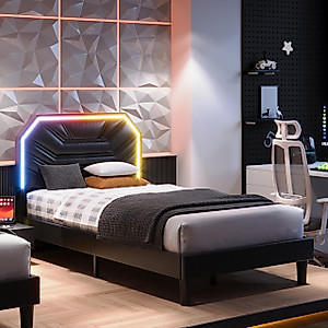 LIKIMIO Twin Bed Frames with Lighted Headboard, Upholstered Modern Cama Twin Platform Bed with Heavy Duty Supports, No Box Spring Need, Noise Free, Easy Assembly, Black