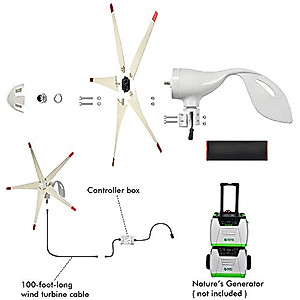 Nature’s Generator Wind Turbine Includes 100 Foot 12 AWG Cable, 5 Blades, Controller Box for Nature’s Generator, Land or Marine Use Day and Night