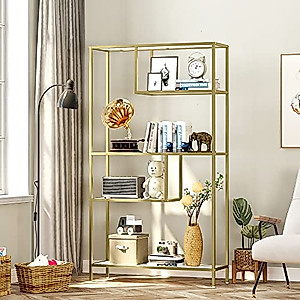 HOME BI Bookshelf,4 Tier Metal Frame Bookcase, Tall Book Shelf,Open Display Shelves for Office, Study Room, Living Room,Gold 13" D x 39.37" W x 70.08" H