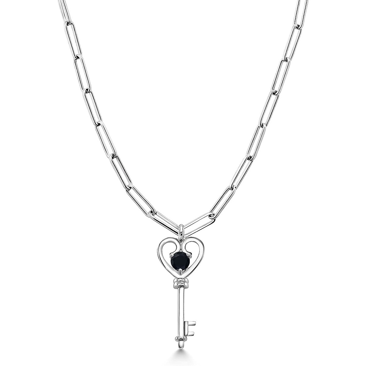 Gem Stone King 0.48 Ct Round Black Onyx 925 Sterling Silver Heart Key Pendant with 3.25mm Paperclip Link Chain 18 inch with 2 inch Extender