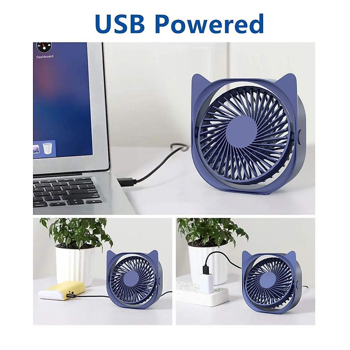 Personal Desk Fan Small Quiet USB Plug in, Mini Portable Table Fans for Sleeping Bedroom Nightstand, 3 Speeds Adjustable, Rotatable, Anti-slip, Fast Cooling for Home Office Dorm Work Travel (Blue)
