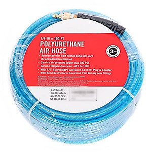 GREATLINE Air Compressor Hose 1/4"X100FT Reinforced Polyurethane (PU) with 1/4 in Quick Connect Plug & Coupler Fittings Blue