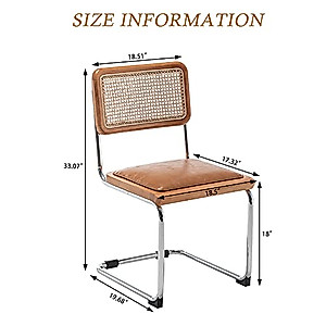 Alunaune Mid Century Modern Dining Chairs Set of 2, Upholstered Natural Rattan Kitchen Accent Chairs, Armless Side Chair with Metal Chrome Legs for Bedroom Living Room-Brown with PU Seat