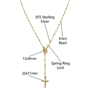 Savlano 925 Sterling Silver Italian Solid Bead Chain Cross & Rosary Virgin Mary Pendant -18K Gold Plated Y Necklace Comes With Gift Box for Women - Made in Italy (20, 3mm)
