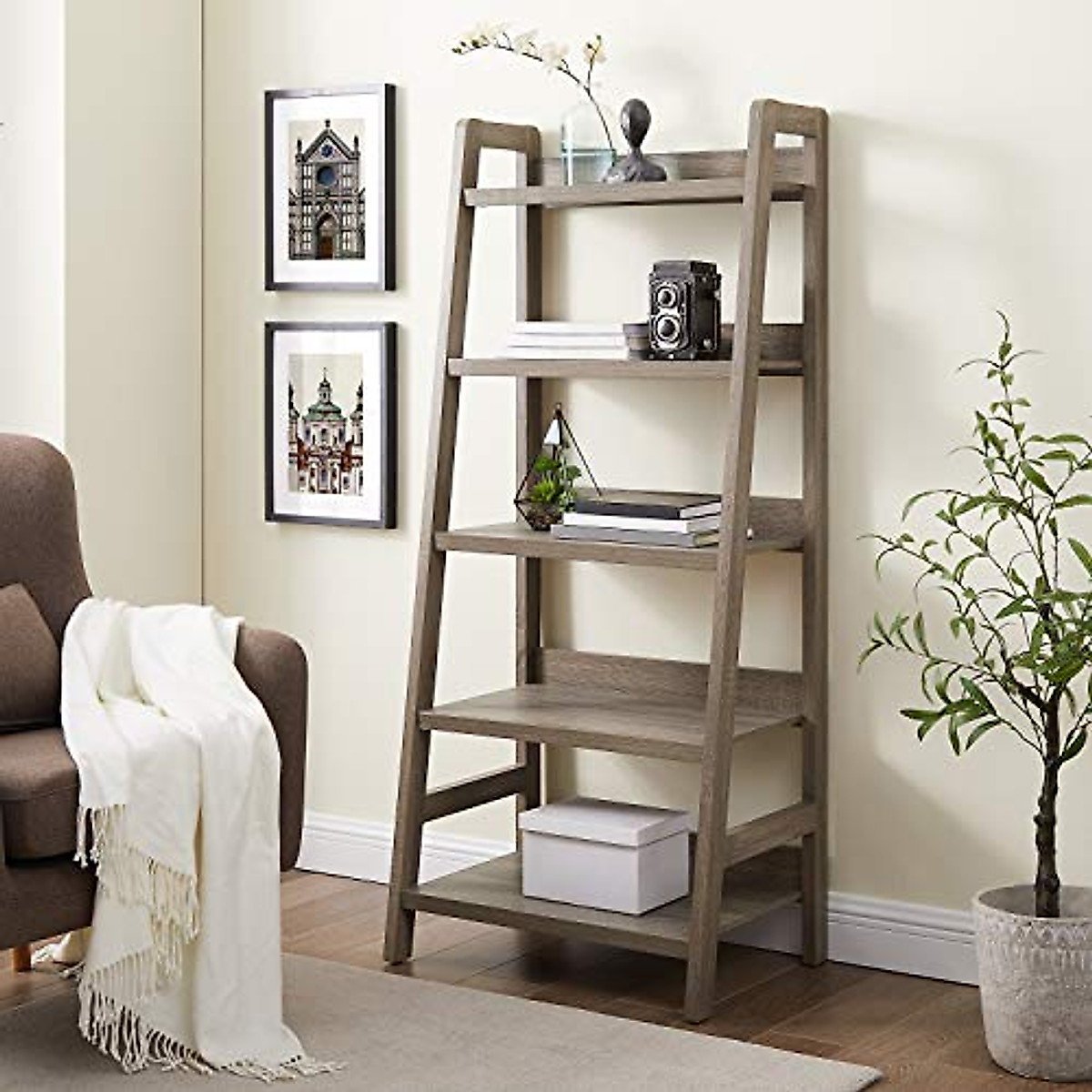 Tracey Greywash Wooden Five Shelf Ladder Bookcase by Linon