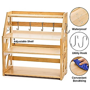 Bekith 3 Tier Bamboo Spice Rack Storage Shelves, Kitchen Countertop Organizer with Hooks, Standing Pantry Shelf, Adjustable Vanity Shelf Desk Bookshelf for Bedroom, Bathroom & Office
