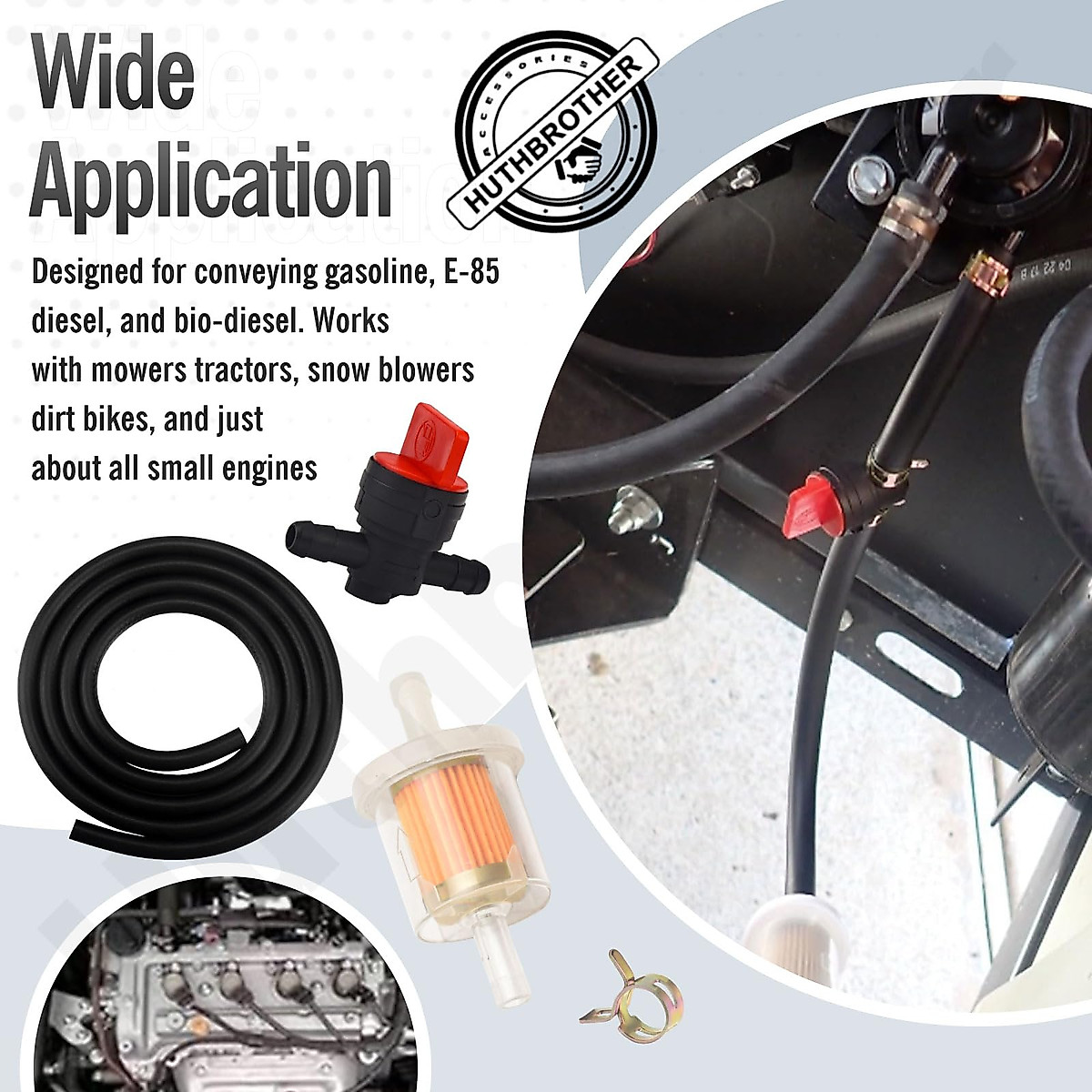 Lawn Mower Fuel Line 6-Foot 1/4 Inch ID Fuel Line Set + 2 Pcs 5/16 Inch Fuel Filters + 10 Pcs 2/5" ID Hose Clamps +2 Pcs 1/4 698183 Fuel Shut -by HuthBrother, for Kawasaki Kohler Mowers Engines