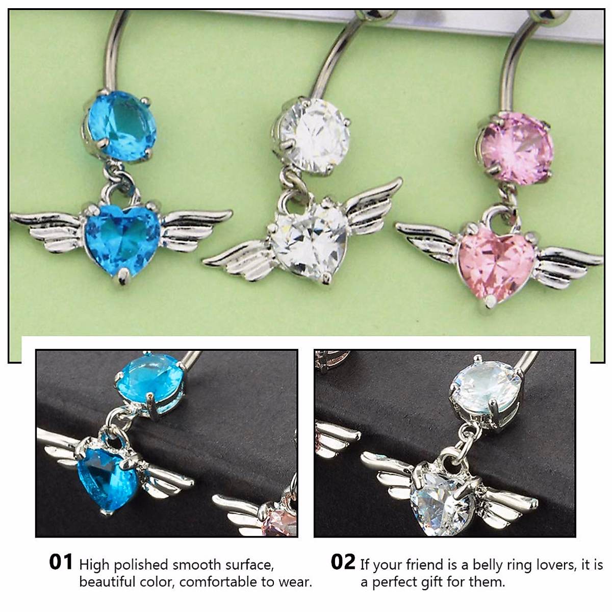 Happyyami 3pcs Dangle Belly Button Rings Stainless Steel Angel Wing Belly Rings Navel Rings Belly Piercing Studs Barbell Body Piercing Jewelry for Woman 3. 5x2cm