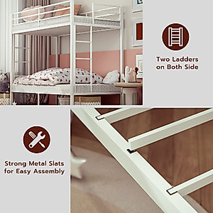 IKIFLY Metal Twin Over Twin Bunk Bed, Heavy Duty Twin Bunk Bed Frame with 2 Built-in Ladders, Safety Guard Rail, Space-Saving Design, for Kids, Teens, Adults - No Box Spring Needed - White