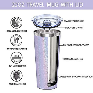 Aikico Travel Tumbler with Lid and Straws, Insulated Stainless Steel Travel Mug for Ice Drinks & Hot Beverage, Double Wall 22oz Powder Coated Coffee Cup for Home and Office, Rainbow Lavender Purple