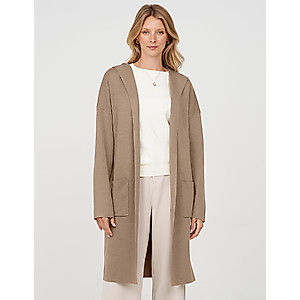 MEROKEETY Long Hooded Cardigan Sweaters for Women Oversized Open Front Coatigan Lady Jacket Coat Pockets, Khaki, Medium