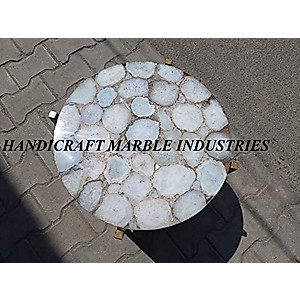 White Agate Round Table With Stand, Agate Stone Table With Stand, Round White Agate Side Table 15" Inch