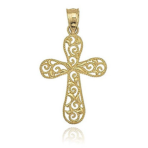 JewelStop 14K Solid Yellow Gold Filigree Cross Charm Pendant