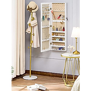 LUXFURNI Mirror Jewelry Armoire Cabinet with Storage, Door Hanging/Wall Mounted Cabinet Organizer with Brush Holder, White