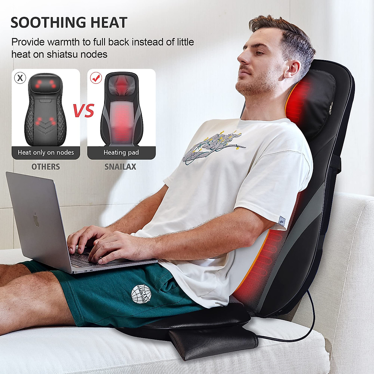 Snailax Shiatsu Neck Back Massager with Heat, Massage Chair pad with Height Adjustment, Full Back Kneading Shiatsu or Rolling Massage, Gifts for Men, Women