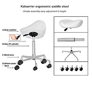 Kaleurrier Ergonomic Rolling Swivel Saddle Stool with Wheels,Hydraulic Pneumatic Lifting Height Adjustable Lightweight Chair for Clinic Hair Salon Massage Lab Kitchen Home Office (White, Without Back)