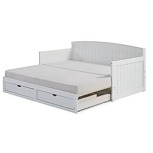 Alaterre Furniture Harmony Wood Daybed, Single, White Brazilian Pine Trundle Bed for Sleepovers with Kids, 2 Pull-Out Drawers, 220lbs Weight Capacity, Twin-Size Bed, Modern, Sturdy, Durable