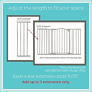 Toddleroo by North States 10.75” Extension for “Arched Auto Close with Easy Step Baby Gate”. Fits openings up to 63.38'' wide. Add up to 3 extensions. No tools required. (Adds 10.75" width, Gray)