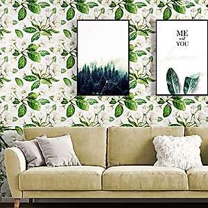 STICKEEP White Floral Peel and Stick Wallpaper Green Leaf Wallpaper 24” x 118” Removable Floral Contact Paper Peel and Stick Flower Wall Paper Vinyl Roll Wallpaper for Bedroom Walls Cabinets Shelves
