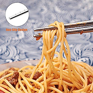 AKONEGE Reusable Chopsticks Wood Splicing Stainless Steel Chopsticks Metal Chopstick Lengthen Japanese Korean Chop Sticks 5 Pairs Gift Set, 9.8 inch