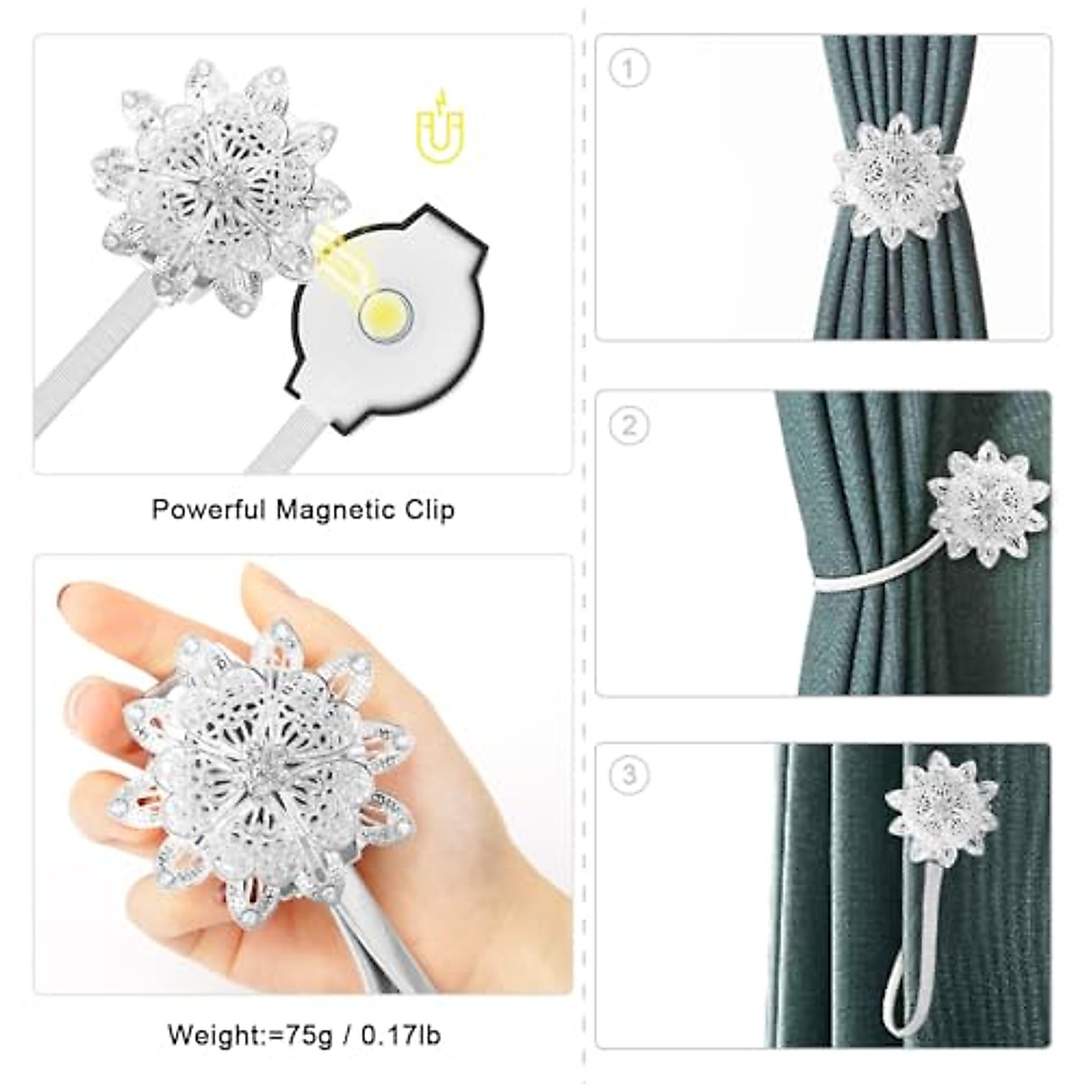AULEEP Magnetic Curtain Tiebacks, 4 Pack Magnetic Decorative Drapes Curtain Clips Buckle, Flower Curtain Tie Back, European and American Style (Silver)