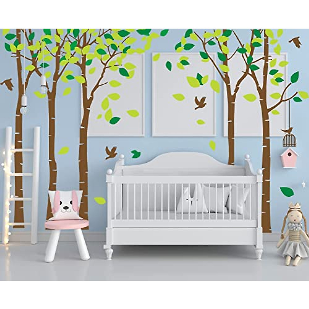 Large Five Family Trees with Birds and Birdcage Jungle Tree Wall Decal Removable Vinyl Sticker Mural Art Baby Girl Nursery Decor Baby Room Decor Kids Room Decor (103.9x70.9) (Brown)