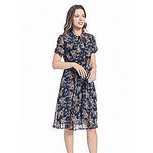 HAOKEKE Women Summer Print Dress Short Sleeves Chiffon Dress Retro Pleated Buttons Down Bow Tie Fairy Lady Dress Blue Flower US 12-14