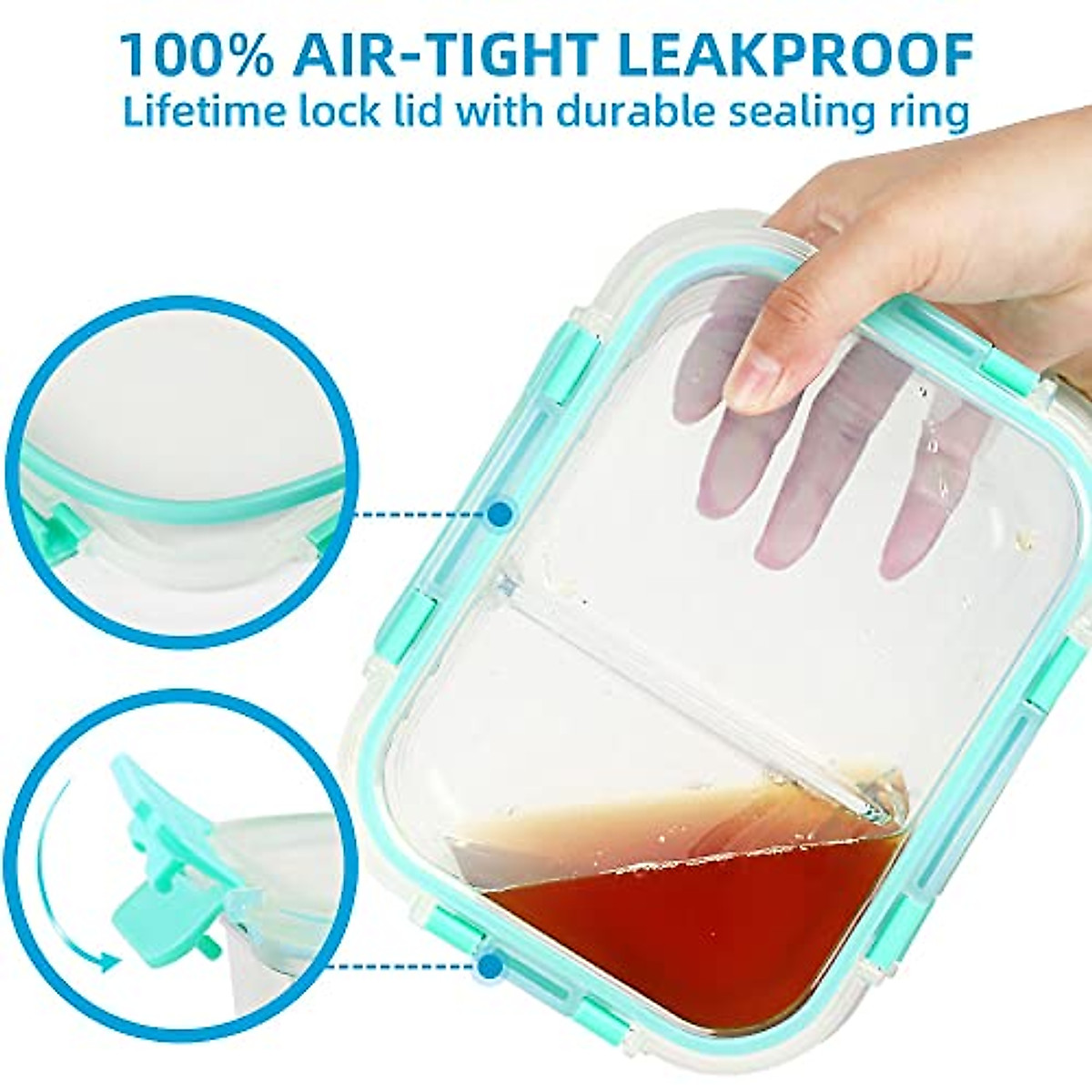 DAS TRUST 3 Pack Food Storage Containers 2 Compartments Glass Meal Prep Containers with Lids for Adult Food Prep Container with Dividers Reusable Lunch Bento Box