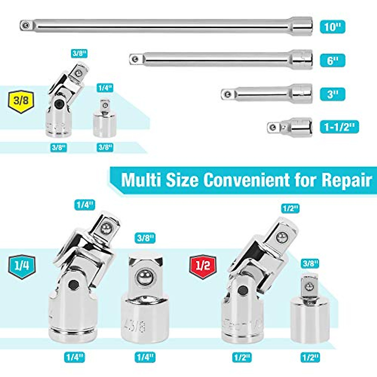 DURATECH 10-Piece Socket Accessory Kit, Includes 3/8” Drive Extension Bar Set, 1/4”, 3/8” & 1/2” Drive Universal Joints and Adapters, with EVA Foam Tool Organizer, Cr-V Steel Made