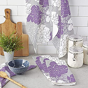 Savannan Dish Cloths for Kitchen, Peony Floral Print Abstract Geometric Pattern Purple Grey White,Super Soft and Absorbent,Reusable Polyester Towels for Home,Kitchen,18"x28", 2 Pack