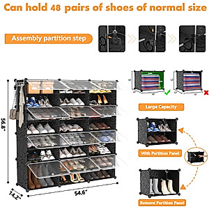 C&AHOME Shoe Rack, 48-Pair 18"x14" Widened Portable Shoe Organizer, 8-Tier Plastic Freestanding Shoe Storage Cabinet, DIY Shoe Shelves with Visualization Doors, 54.6" L × 14.2" W × 56.8" H Black