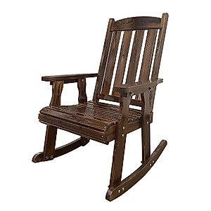 Wooden Rocking Chair with Comfortable Backrest Inclination, High Backrest and Deep Contoured Seat, Solid Fir Wood, Heavy Duty 600 LBS, for Both Outdoor and Indoor, Porch and Patio (Deep Brown)