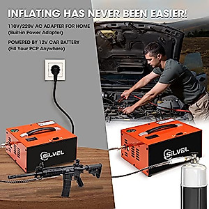 SILVEL PCP Air Compressor, PCP Compressor 4500Psi/30Mpa with Built-in Power Adapter, Auto-shutoff, Oil &Water-Free, Power by 110V /220V AC or 12V DC