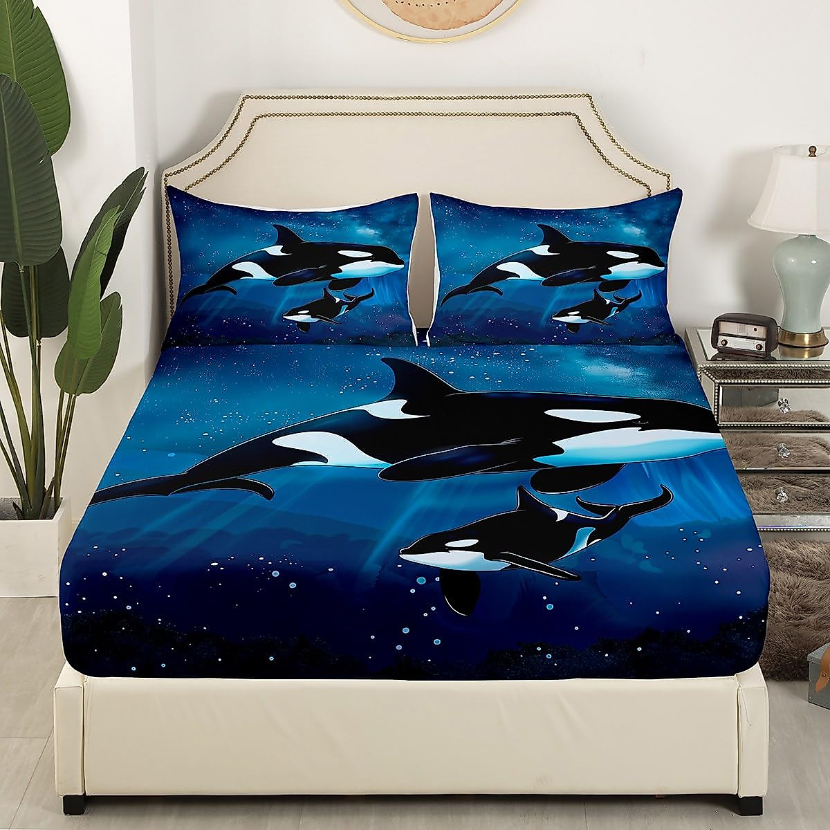 Erosebridal Killer Whale Bed Sheets for Kids Ocean Animal Full Size Sheet Sets, Psychedelic Galaxy Sheets Starry Sky Bedding Sheets & Pillowcases, Black and White Fish Flat Sheet Navy Sea Theme Decor