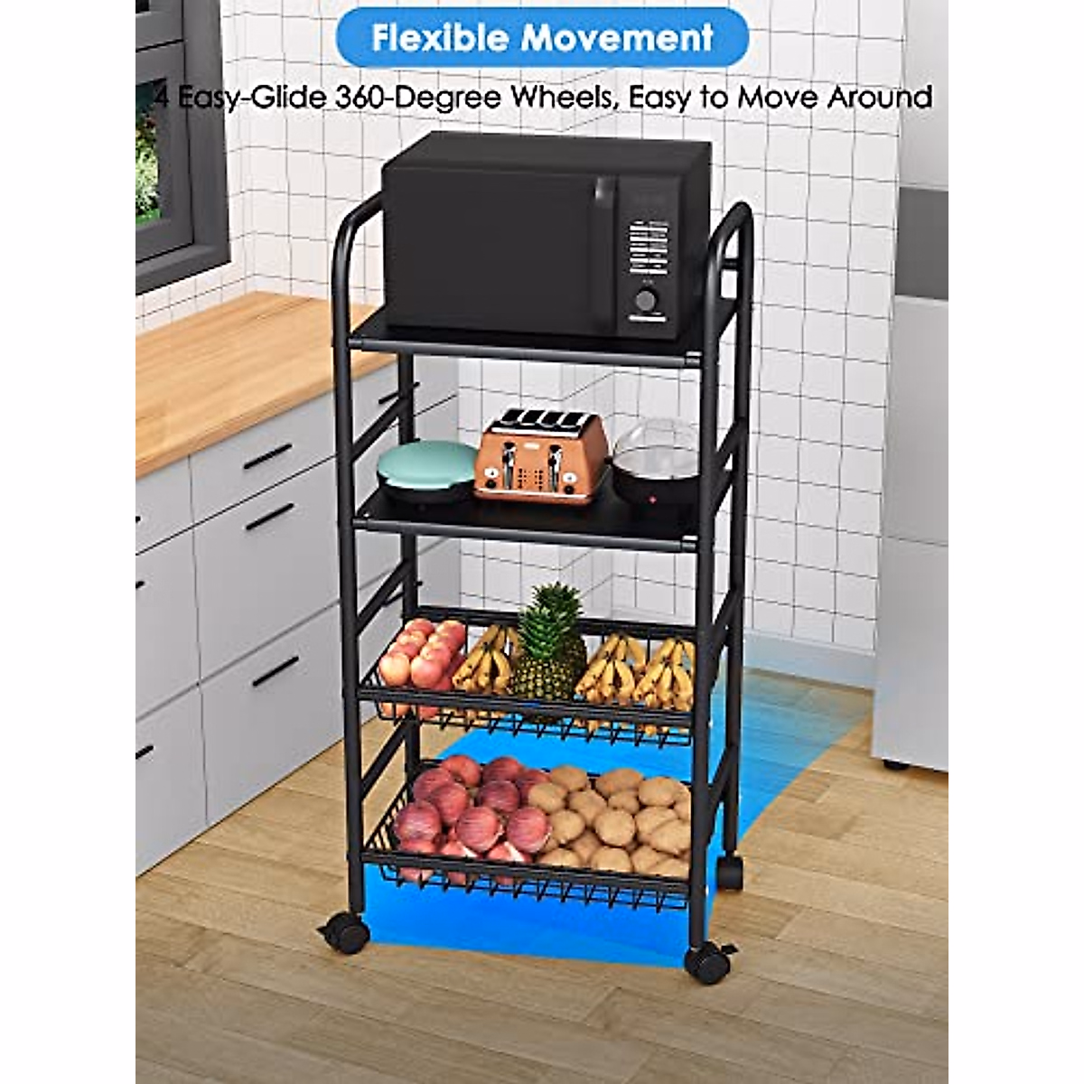 SZCSHOOL Microwave Cart, Rolling Cart Organizer Large Capacity, Microwave Cart with Storage, 4 Tier Rolling Cart, Metal Rolling Kitchen Cart, Rolling Storage Cart Sturdiness, Kitchen Storage Cart