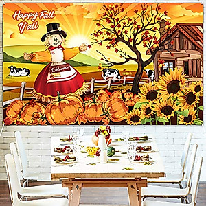 Blulu Happy Fall Y'all Party Decoration Backdrop Welcome Fall Scarecrow Harvest Decorative Autumn Background for Halloween Thanksgiving Party Décor Harvest Time Pumpkin (Orange Fall)