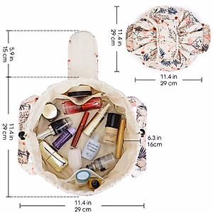 Barrel Drawstring Makeup Bag Large Cosmetic Bag Make up Bags Toiletry Organizer for Women (Beige Bird) (Patent Pending)