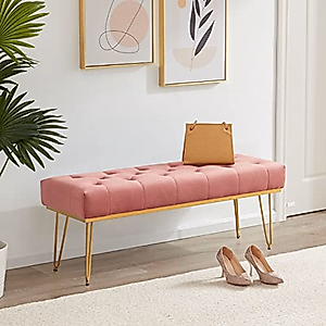 Kingfun Velvet Bedroom Bench with Gold Base&Metal Legs, Tufted Upholstered End of Bed Bench, Indoor Benches for Entryway Dining Living Room Window, Accent Ottoman Bench long Seat Foot Rest Stool(Pink)