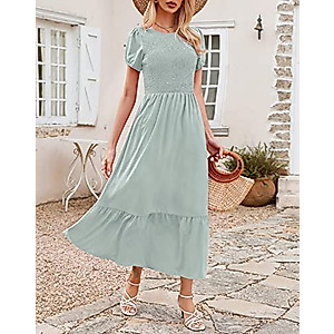 Annebouti 2023 Women's Summer Puff Short Sleeve Dress Modest Flowy A Line Ruffle Tiered Long Casual Smocked Maxi Dress with Pockets Solid Light Green S